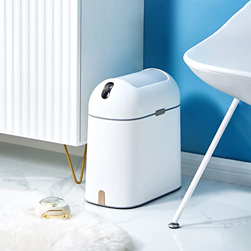 Elpheco Motion Sensor Bathroom Trash Can, 2.5 Gallon Waterproof Trash Bin with Butterfly lid, Bathroom Waste Basket Garbage Bin for Bedroom Kitchen and Office use, White with Golden Button