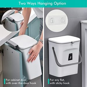 Hanging Trash Can 2 Pack&2.4 Gallon Kitchen Compost Bin for Cabinet Door,Small Under Sink Garbage Can with Lid,Grey+White