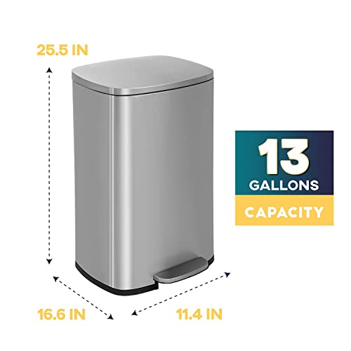 13 Gallon/50 L Garbage Can Kitchen Trash Can with Lid for Office Bedroom Bathroom Step Trash Bin Fingerprint-Proof Brushed Stainless Steel 13 Gallon / 50 Liter