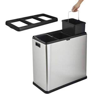 Step N' Sort 16 Gal, 3 Compartment Open Top Trash and Recycling Bin, Silver (OPN603)