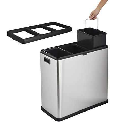 Step N' Sort 16 Gal, 3 Compartment Open Top Trash and Recycling Bin, Silver (OPN603)