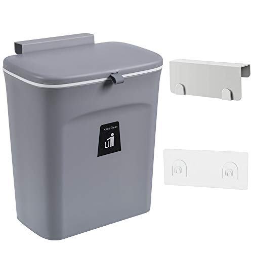 YEARCHY Hanging Trash Can with Lid 2.4 Gallon Hanging Garbage Can for Counter Top or Under Sink Kitchen Cabinet Door Mounted Trash Can Bathroom Office Camping (11.6"x10.2"x 6.3", Grey)