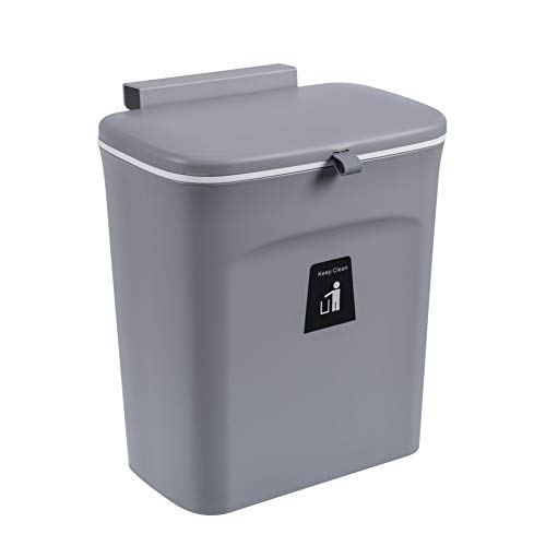 YEARCHY Hanging Trash Can with Lid 2.4 Gallon Hanging Garbage Can for Counter Top or Under Sink Kitchen Cabinet Door Mounted Trash Can Bathroom Office Camping (11.6"x10.2"x 6.3", Grey)