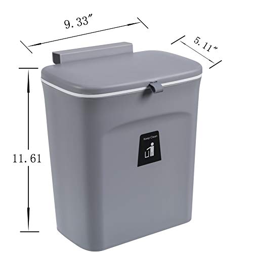 YEARCHY Hanging Trash Can with Lid 2.4 Gallon Hanging Garbage Can for Counter Top or Under Sink Kitchen Cabinet Door Mounted Trash Can Bathroom Office Camping (11.6"x10.2"x 6.3", Grey)