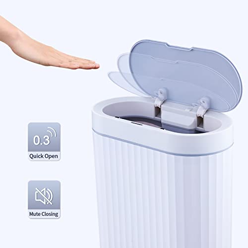 ELPHECO Bathroom Trash Can - 2.5 Gallon Waterproof Sensor Trash Can, 10 Liter Motion Sensor Trash Can, Slim Garbage Bin for Narrow Kitchen and Office Use, White with Grey Trim