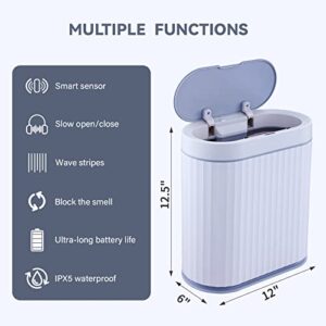 ELPHECO Bathroom Trash Can - 2.5 Gallon Waterproof Sensor Trash Can, 10 Liter Motion Sensor Trash Can, Slim Garbage Bin for Narrow Kitchen and Office Use, White with Grey Trim