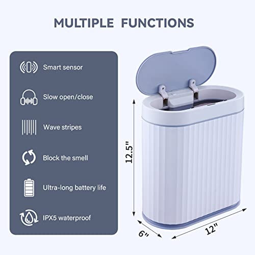 ELPHECO Bathroom Trash Can - 2.5 Gallon Waterproof Sensor Trash Can, 10 Liter Motion Sensor Trash Can, Slim Garbage Bin for Narrow Kitchen and Office Use, White with Grey Trim