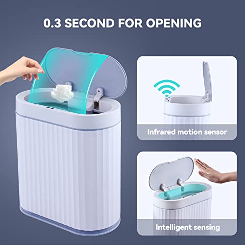 ELPHECO Bathroom Trash Can - 2.5 Gallon Waterproof Sensor Trash Can, 10 Liter Motion Sensor Trash Can, Slim Garbage Bin for Narrow Kitchen and Office Use, White with Grey Trim