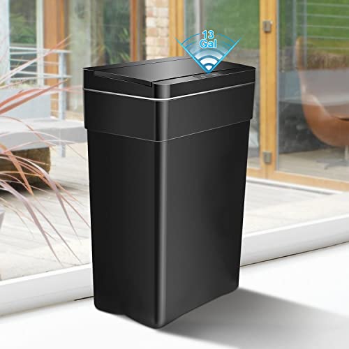 Bigacc 13 Gallon Touch Free Automatic Trash Can High Capacity with Lid for Kitchen Living Room Office Bathroom 50L Electronic Touchless Motion Sensor Automatic Trash Can-Black