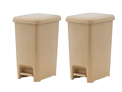 Superio 4 Gal Slim Step On Pedal Plastic Trash Can with Lid, Waste Bin for Under Desk, Office, Bedroom, Bathroom- 16 Qt (Beige-2 Pack)