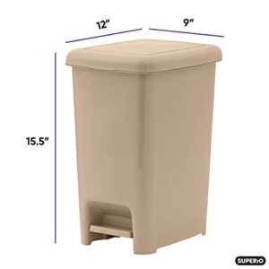 Superio 4 Gal Slim Step On Pedal Plastic Trash Can with Lid, Waste Bin for Under Desk, Office, Bedroom, Bathroom- 16 Qt (Beige-2 Pack)