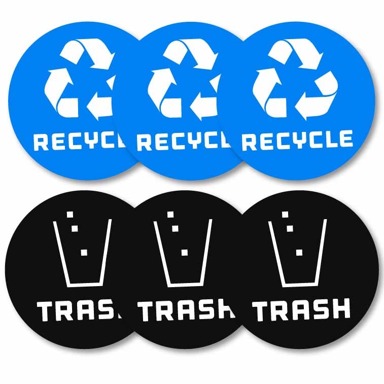 6 Pack (6in x 6in) Recycle Logo and Trash can Sticker to Organize Your Trash - 7 Mil - Laminated - for Trash cans, Garbage containers and Recycle Bins - Premium Vinyl Decal