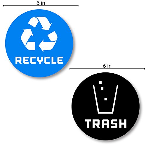 6 Pack (6in x 6in) Recycle Logo and Trash can Sticker to Organize Your Trash - 7 Mil - Laminated - for Trash cans, Garbage containers and Recycle Bins - Premium Vinyl Decal