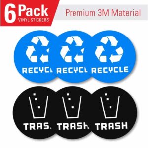 6 Pack (6in x 6in) Recycle Logo and Trash can Sticker to Organize Your Trash - 7 Mil - Laminated - for Trash cans, Garbage containers and Recycle Bins - Premium Vinyl Decal