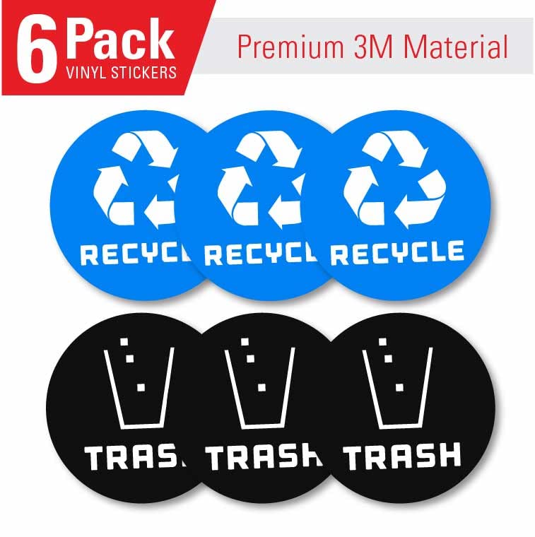 6 Pack (6in x 6in) Recycle Logo and Trash can Sticker to Organize Your Trash - 7 Mil - Laminated - for Trash cans, Garbage containers and Recycle Bins - Premium Vinyl Decal