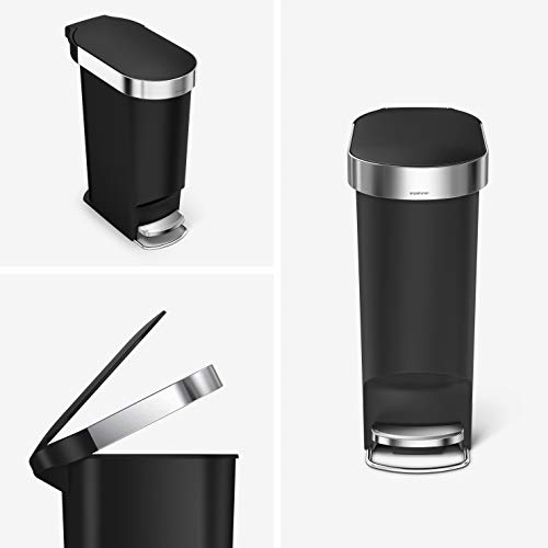 simplehuman 40 Liter / 10.6 Gallon Slim Kitchen Step Trash Can with Liner Rim, Black Plastic