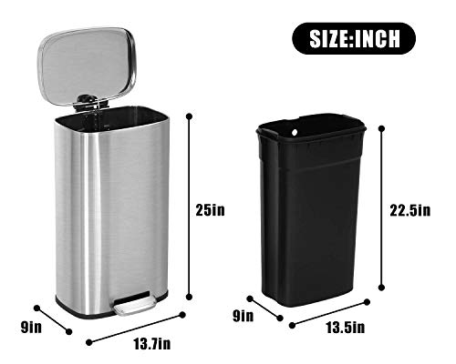 Kitchen Trash Can Brushed Stainless Steel 8 Gallon/30L Step Garbage Can Small & Tall Waste Basket with Lid & Plastic Inner Bucket Metal Pedal Recycle Rubbish Bin for Kitchen, Bathroom, Bedroom, Office