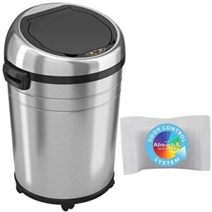 itouchless glide 18 gallon sensor trash can with wheels and absorbx odor control system, stainless steel, 68 liter automatic kitchen or office garbage bin