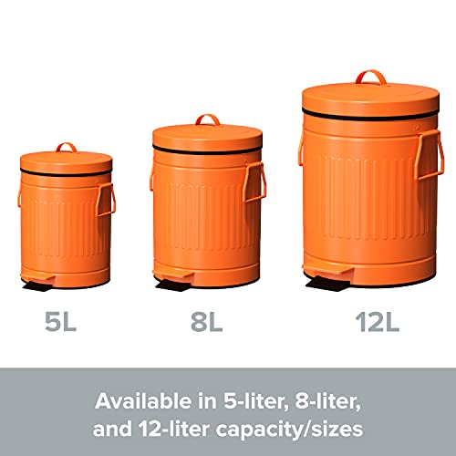 Retro Trash Can with Lid - 12L/3.2 Gal Step Trash Can w/ Soft Closing Lid - Round Garbage Can w/ Handles - Touchless Trash Can w/ Removable Garbage Guard Bucket - Outdoor Garbage Bin - Large Trash Can, Orange