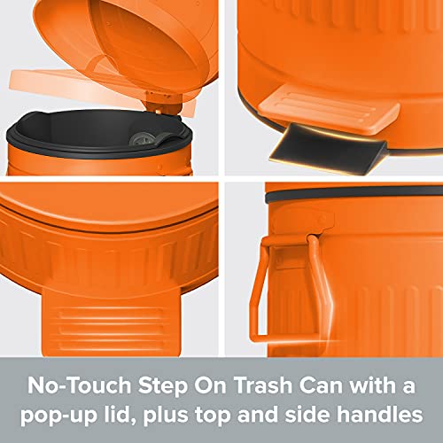 Retro Trash Can with Lid - 12L/3.2 Gal Step Trash Can w/ Soft Closing Lid - Round Garbage Can w/ Handles - Touchless Trash Can w/ Removable Garbage Guard Bucket - Outdoor Garbage Bin - Large Trash Can, Orange