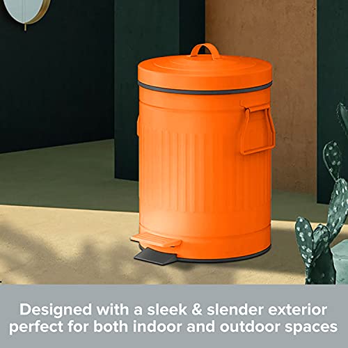 Retro Trash Can with Lid - 12L/3.2 Gal Step Trash Can w/ Soft Closing Lid - Round Garbage Can w/ Handles - Touchless Trash Can w/ Removable Garbage Guard Bucket - Outdoor Garbage Bin - Large Trash Can, Orange