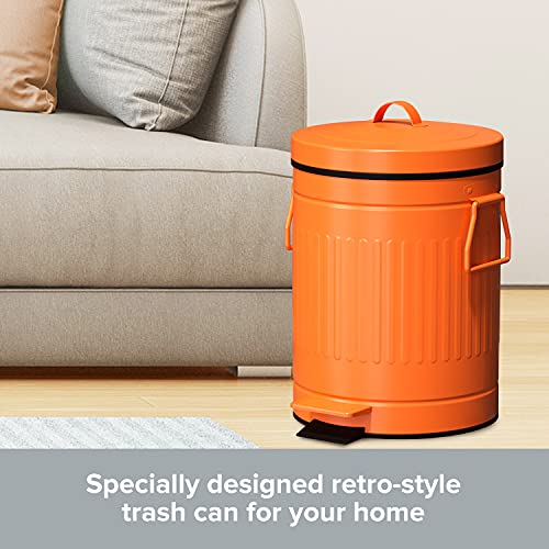 Retro Trash Can with Lid - 12L/3.2 Gal Step Trash Can w/ Soft Closing Lid - Round Garbage Can w/ Handles - Touchless Trash Can w/ Removable Garbage Guard Bucket - Outdoor Garbage Bin - Large Trash Can, Orange