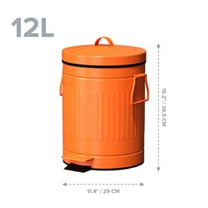 Retro Trash Can with Lid - 12L/3.2 Gal Step Trash Can w/ Soft Closing Lid - Round Garbage Can w/ Handles - Touchless Trash Can w/ Removable Garbage Guard Bucket - Outdoor Garbage Bin - Large Trash Can, Orange