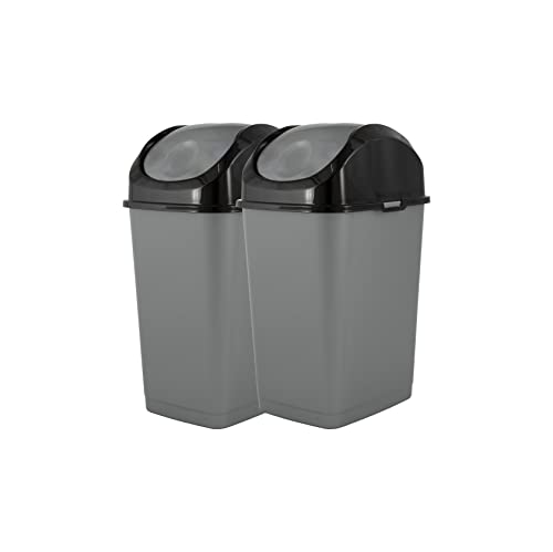 Superio 1.25 Gal Mini Plastic Trash Cans with Swing Top Lid, (2 Pack) Small Waste Bin for Countertop, Desk, Vanity, Bathroom 5 Quart (Grey/Black)