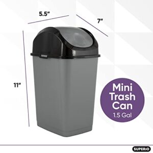 Superio 1.25 Gal Mini Plastic Trash Cans with Swing Top Lid, (2 Pack) Small Waste Bin for Countertop, Desk, Vanity, Bathroom 5 Quart (Grey/Black)