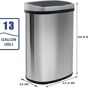 13 Gallon Trash Can Kitchen Waste Bins with Lid Touch Free Trash Garbage Can High Capacity 50 Liter Metal Automatic Trash Bins for Home Office, Brushed Stainless Steel