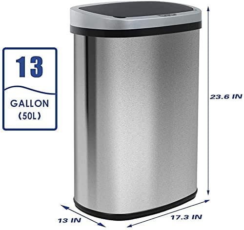 13 Gallon Trash Can Kitchen Waste Bins with Lid Touch Free Trash Garbage Can High Capacity 50 Liter Metal Automatic Trash Bins for Home Office, Brushed Stainless Steel