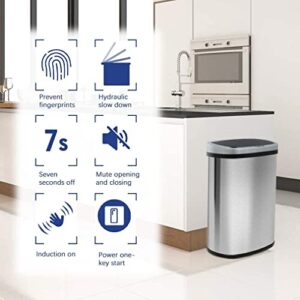 13 Gallon Trash Can Kitchen Waste Bins with Lid Touch Free Trash Garbage Can High Capacity 50 Liter Metal Automatic Trash Bins for Home Office, Brushed Stainless Steel