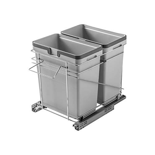 Rok Salice Kitchen Cabinet Soft Close Heavy Duty Frameless Waste Recycle Bin Trash Can Pull Out Organizer Container QPAM15228C (Double 15" (32 Quart Bins)