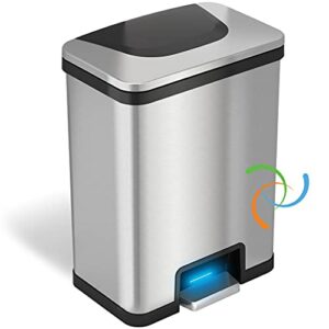 itouchless autostep 13 gallon automatic step sensor trash can with odor control system, stainless steel kitchen pedal touchless garbage bin, powered by batteries or ac adapter (not included)