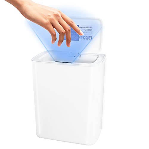 Touchless Trash Can with Lids, 14L Wastebasket Plastic Recycling Bin, Automatic Motion Sensor Kitchen Garbage Can, 3.7 Gallon Small Waste Container Bin for Home, Office, Bathroom, Living Room (White)