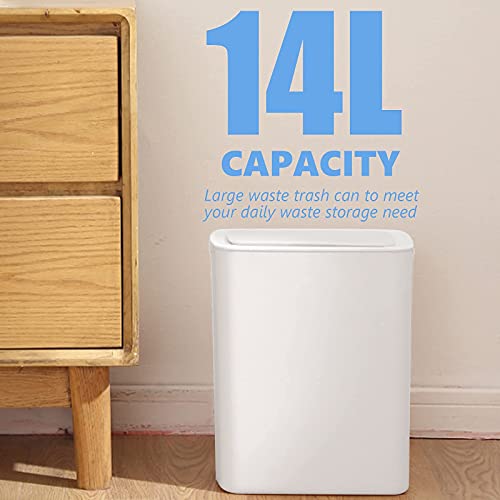 Touchless Trash Can with Lids, 14L Wastebasket Plastic Recycling Bin, Automatic Motion Sensor Kitchen Garbage Can, 3.7 Gallon Small Waste Container Bin for Home, Office, Bathroom, Living Room (White)