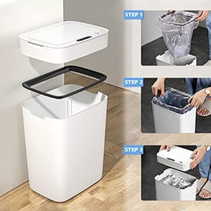 Touchless Trash Can with Lids, 14L Wastebasket Plastic Recycling Bin, Automatic Motion Sensor Kitchen Garbage Can, 3.7 Gallon Small Waste Container Bin for Home, Office, Bathroom, Living Room (White)