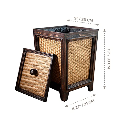 Rattan Basket Wooden Trash Can - Hand Woven Basket Trash Can with Lid - 9"x8.3"x13" Small Garbage Can with Cover - Decorative Natural Wood Garbage Bin for Living Room, Bedroom or Bathroom Trash Can