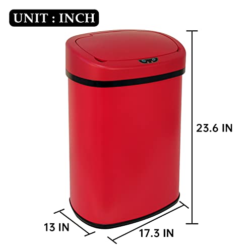 13 Gallon Trash Can Automatic Kitchen Garbage Can Easy-Clean 50L Stainless Steel Brushed Motion Sensor Waterproof with Lid for Bathroom Office (Red)