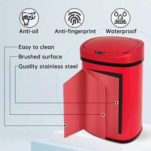 13 Gallon Trash Can Automatic Kitchen Garbage Can Easy-Clean 50L Stainless Steel Brushed Motion Sensor Waterproof with Lid for Bathroom Office (Red)