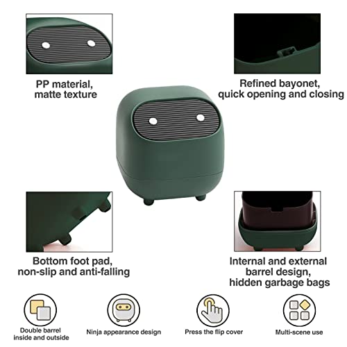 ENNTJOOY Cute Mini Ninja Desktop Trash Can Double Press Trash Can with Lid Suitable for Bathroom Vanity, Desktop, Office or Coffee Table, Green