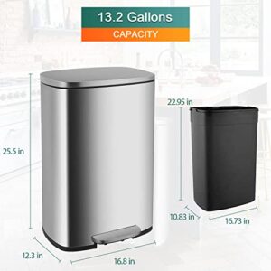 Dkelincs 13 Gallon Stainless Steel Trash Can, Step Kitchen Garbage Can with Lid & Removable Inner Bucket, 50 Liter Pedal Metal Rubbish Bin for Bedroom, Bathroom