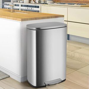 Dkelincs 13 Gallon Stainless Steel Trash Can, Step Kitchen Garbage Can with Lid & Removable Inner Bucket, 50 Liter Pedal Metal Rubbish Bin for Bedroom, Bathroom