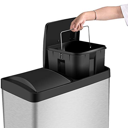 Costzon Double Compartment Classified Step Trash Can, 16 Gallon Stainless Steel Pedal Bin, 2 x 30L Removable Buckets w/Carry Handle, Garbage Classification Recycle for Home, Kitchen, Restaurant