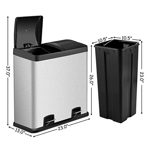 Costzon Double Compartment Classified Step Trash Can, 16 Gallon Stainless Steel Pedal Bin, 2 x 30L Removable Buckets w/Carry Handle, Garbage Classification Recycle for Home, Kitchen, Restaurant