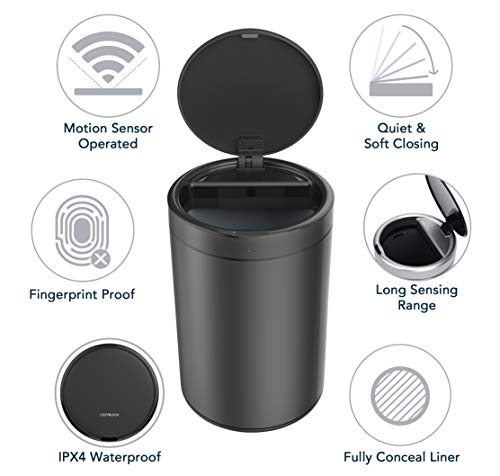 CozyBlock 3.2 Gallon 12L Automatic Trash Can, Stainless Steel Touchless Motion Sensor Bin, Quiet Soft Close Lid, IPX4 Waterproof (Black Stainless Steel)