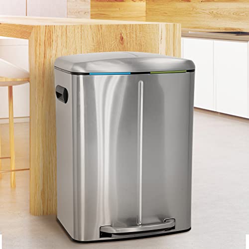 Dual Trash Can for Recycling and Trash 10 Gallon Step Garbage Cans with Lid & Double Barrel for Kitchen Bedroom Bathroom Office Fingerprint-Proof Brushed Stainless Steel Rubbish Bin 40Liter