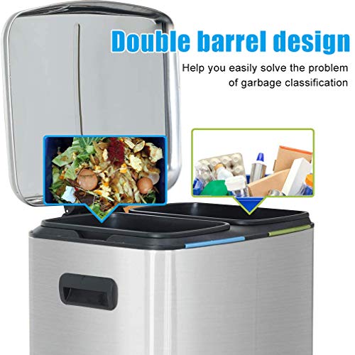 Dual Trash Can for Recycling and Trash 10 Gallon Step Garbage Cans with Lid & Double Barrel for Kitchen Bedroom Bathroom Office Fingerprint-Proof Brushed Stainless Steel Rubbish Bin 40Liter