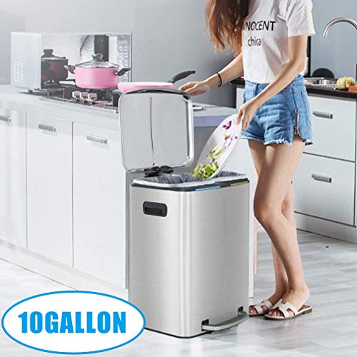 Dual Trash Can for Recycling and Trash 10 Gallon Step Garbage Cans with Lid & Double Barrel for Kitchen Bedroom Bathroom Office Fingerprint-Proof Brushed Stainless Steel Rubbish Bin 40Liter