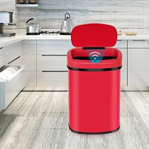 automatic sensor 13 gallon trash can, touch free trash can, no touch garbage can kitchen waste bin, high-capacity bathroom trash can with lid for home bedroom office, power by battery, red